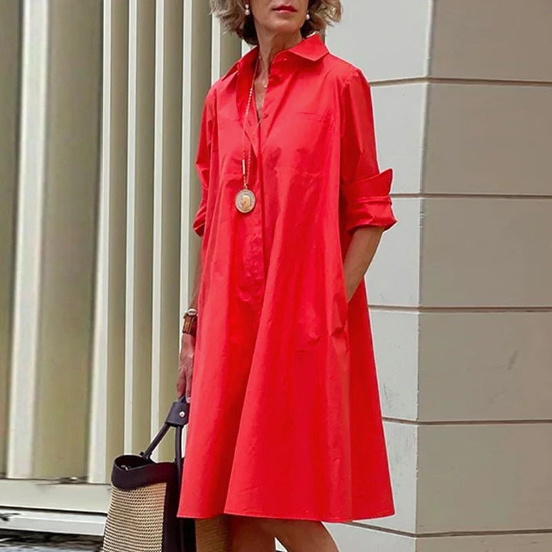 Robe chemise mi-longue col rabattu et poches - Collection 2023 – Trendyshop